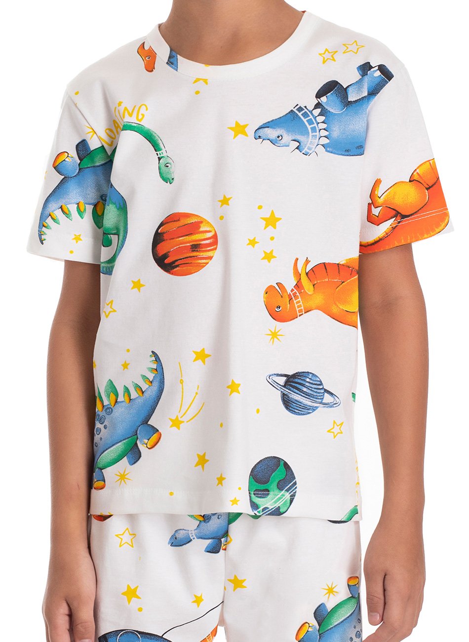 Conjunto Pijama Camiseta e Short Meia Malha Infantil Menino - TMX - Off White