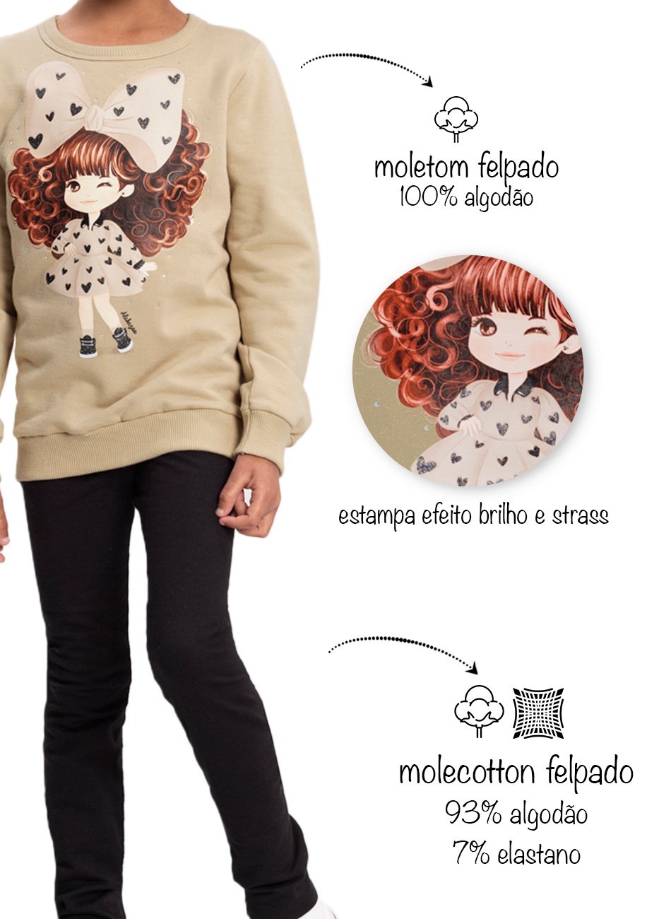 Conjunto Casaco Moletom Felpado e Legging Infantil Menina - Alakazoo - Bege